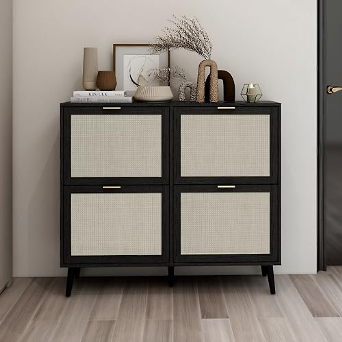 ZeHuoGe Large Rattan Shoe Cabinet with 4 Flip Drawers, Black 2-Tier Shoe Rack Boho Storage Cabinet for Heels, Boots, Slippers, Free Standing Shoe Rack, Entrance Hallway (Black)