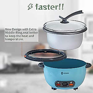 ICOOK 3-Cup Uncooked 6-Cup Cooked Blue Rice Cooker 0.6L Grains,Oatmeal,Cereals Cooker,Rice Warmer Steamer,Small Mini Rice Cooker,Removable Nonstick Pot,Full View Glass Lid,Blue