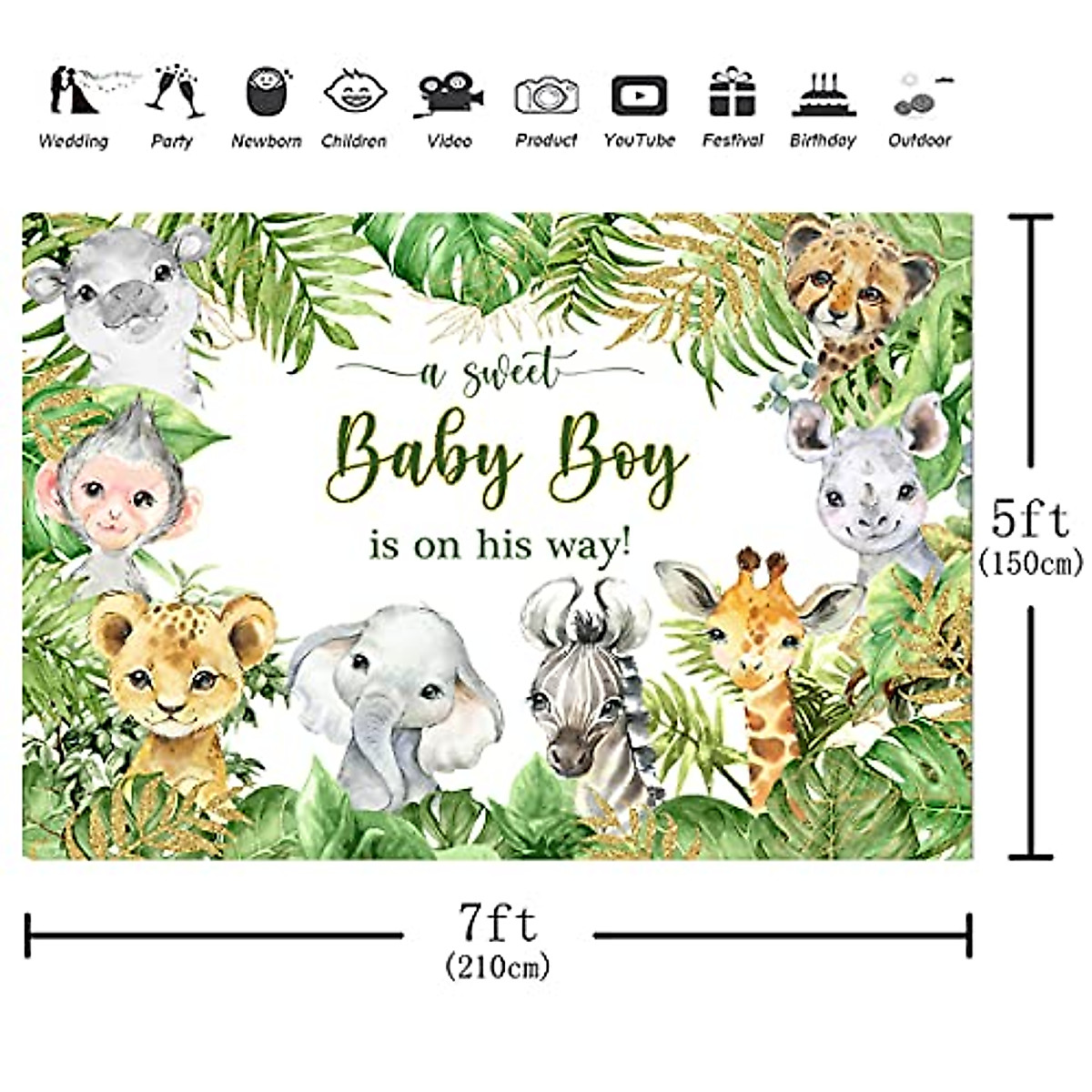 Aperturee 7x5ft Jungle Safari Animals Baby Shower Backdrop Baby Boy is On His Way It's a Boy Photography Background Green Leaves Photo Booth Studio Cake Table Banner Party Decorations Props Supplies