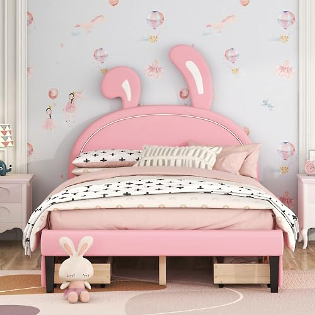HBRR Full Upholstered Platform 4 Drawers and Bunny Ears Headboard, Wooden Bed Frame Size with Storage for Kids Teens Boys & Girls, No Box Spring Needed, Pink