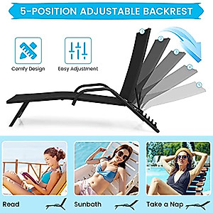 Tangkula Outdoor Patio Chaise Lounge Chairs, Reclining Lounge Chairs with 5-Position Adjustable Backrest & Breathable Fabric, Outdoor Recliner Chairs for Lawn, Poolside & Backyard, Set of 2 (2, Black)