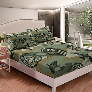 Kids Camo Airplane Bed Sheet Set Camouflage Airplane Decor Bedding Sheets for Teens Boys Military Aircraft Bedding Fitted Sheet Novelty Modern Army Green Bed Cover Bedroom Collection 2Pcs Twin Size