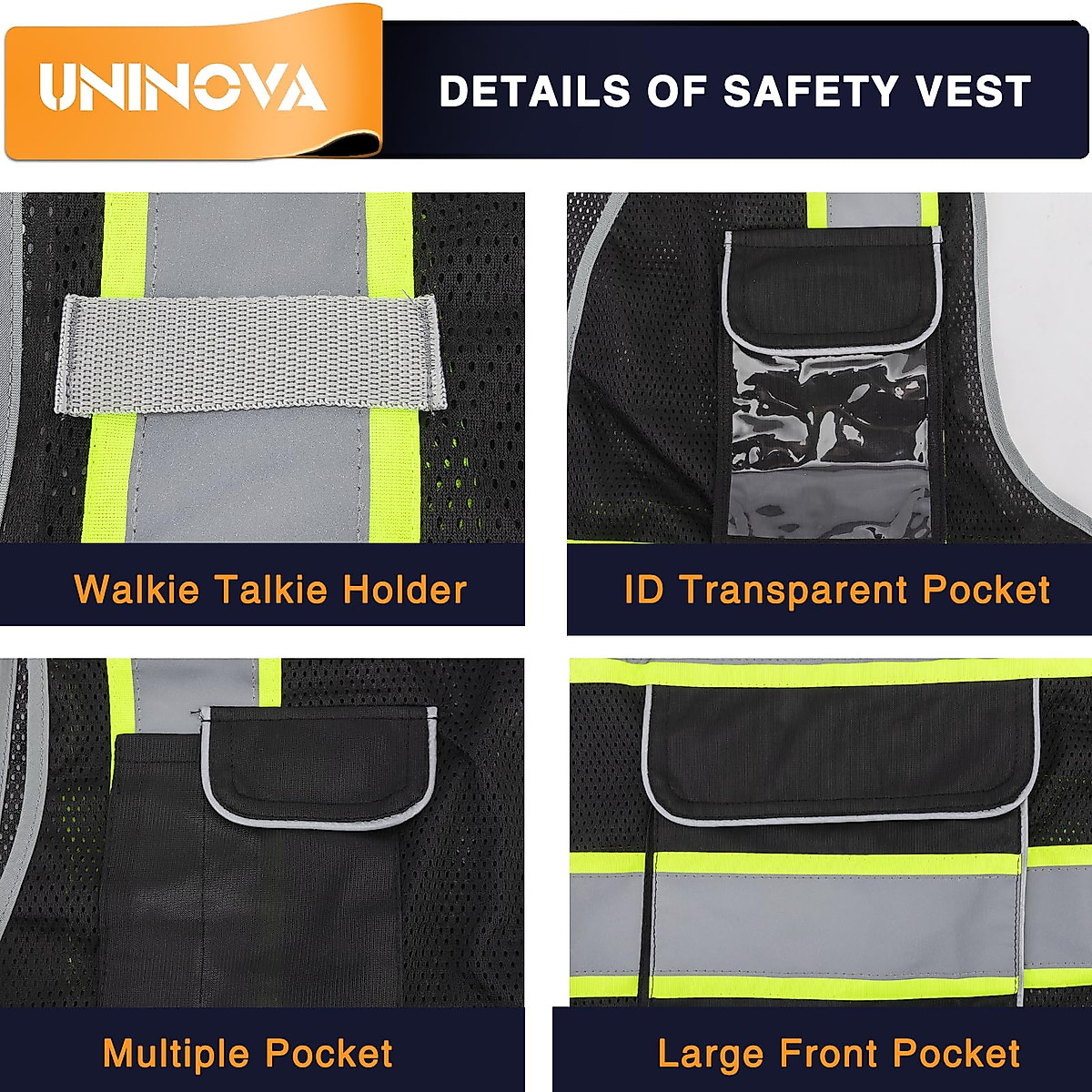 UNINOVA High Visibility Safety Vest - Multi Pockets Reflective Mesh Breathable Workwear, ANSI/ISEA Standards (Large, Black Mesh-02)
