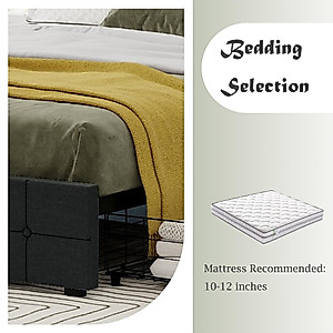 Tuconia Linen Upholstered Platform with 4 Storage Drawers Bed Frame with Headboard and Wooden Slats Support Easy Assembly Queen Size Black