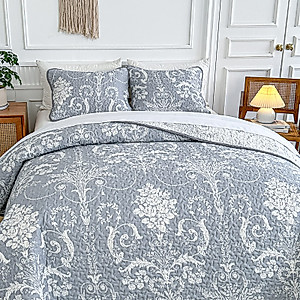 Gray Cotton Quilt Set Queen Size Floral Quilt Set White Flowers Leaves Cotton Reversible 3pc Quilt Bedding Set, Coverlet, Bedspread with 2 Pillow Shams