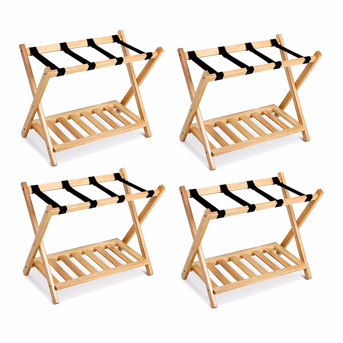 Babion Folding Luggage Racks with Shelf, Wooden Suitcase Stand, 2 Tier Foldable Luggage Racks with Heavy Duty Nylon Belts, Suitcase Bag Holder for Bedroom Guest Room, 4 Pack