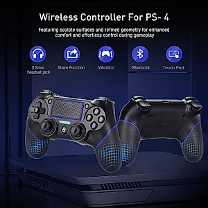 BOFFO Wireless Controller for PS4, Remote Compatible with PS-4/Slim/Pro/PC,Gamepad with Dual Vibration/Audio Jack/Touch Pad/1000mAh Battery,Black,Blue