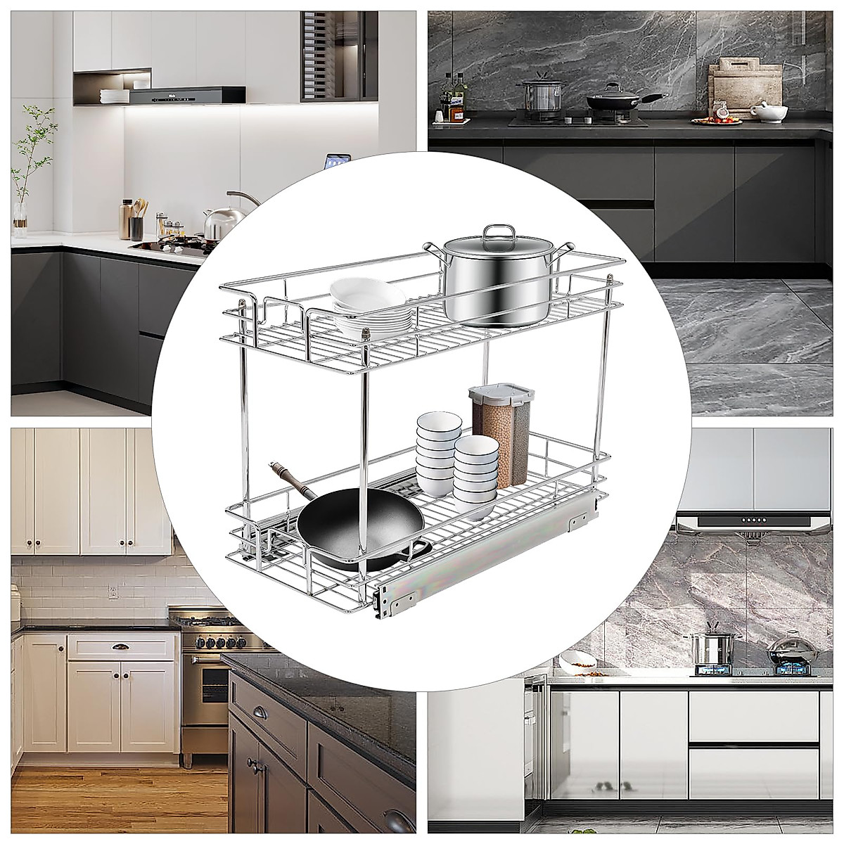 Gagalayong Under Sink Organizers and Storage, Pull Out Cabinet Organizer, 2-Tier Slide Out Kitchen Basket Sink Shelf Cabinet Organizers Adjustable L Shape Counter Organizers (10.5" W X 21.5" D)