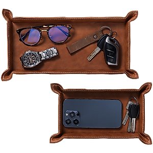 Navaris Faux Leather Valet Tray Set of 2, Catch All Tray, Key Tray for Entryway Table, Nightstand Tray, Catchall for Keys, Watch, Remote, Phone, Valet Tray for Men, Mens Valet Tray