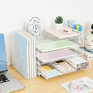 ORDROLL Desk Paper Organizers and Accessories - 4-Tier Paper Letter Tray Organizer with File Holder,Drawer and 2 Pen Holders,Desk Accessories & Workspace Organizers for Office,School,Home(White)