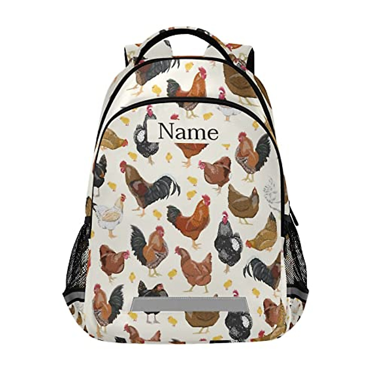 Custom Chicken Roosters Backpack Personalized Name Bookbags Reflective Design Travel School Bag for Student with Adjustable Buckles