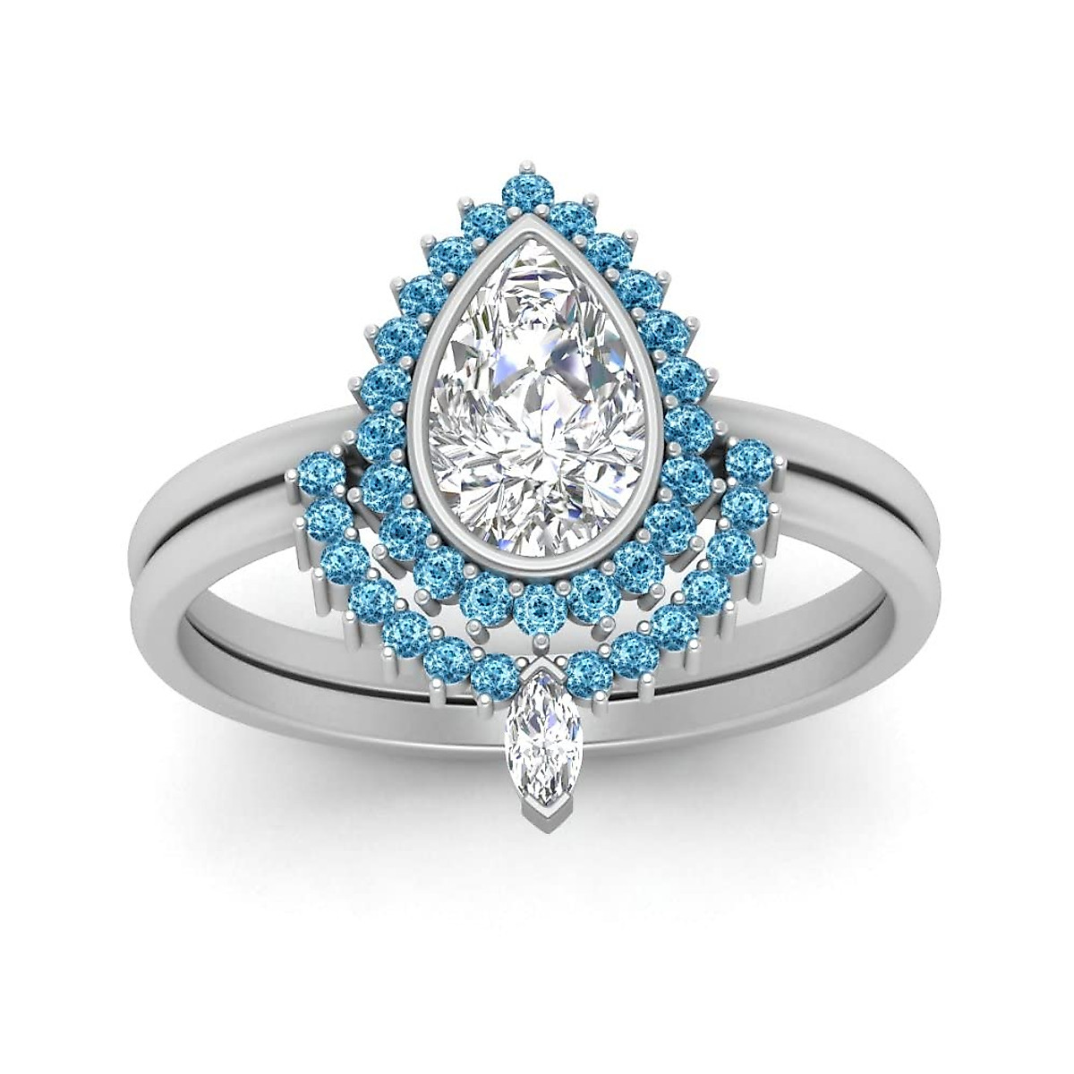 55Carat Bezel Pear Shape Halo Diamond Wedding Ring Set Sterling Silver Natural Blue Topaz Pear Shape Blue Color Wedding Ring Sets Prong Setting in Size 7 Handcraft Chakra Healing