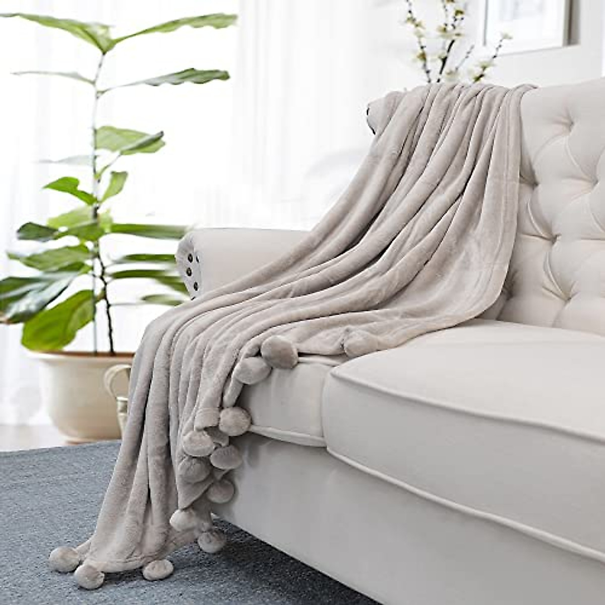 Home Soft Things Pompom Bed Couch Throw Blanket, 50'' x 60'', Silver Grey, Fuzzy Soft Comfy Warm Decorative Throw Blanket for Living Room Bedroom Suitable for All Seasons
