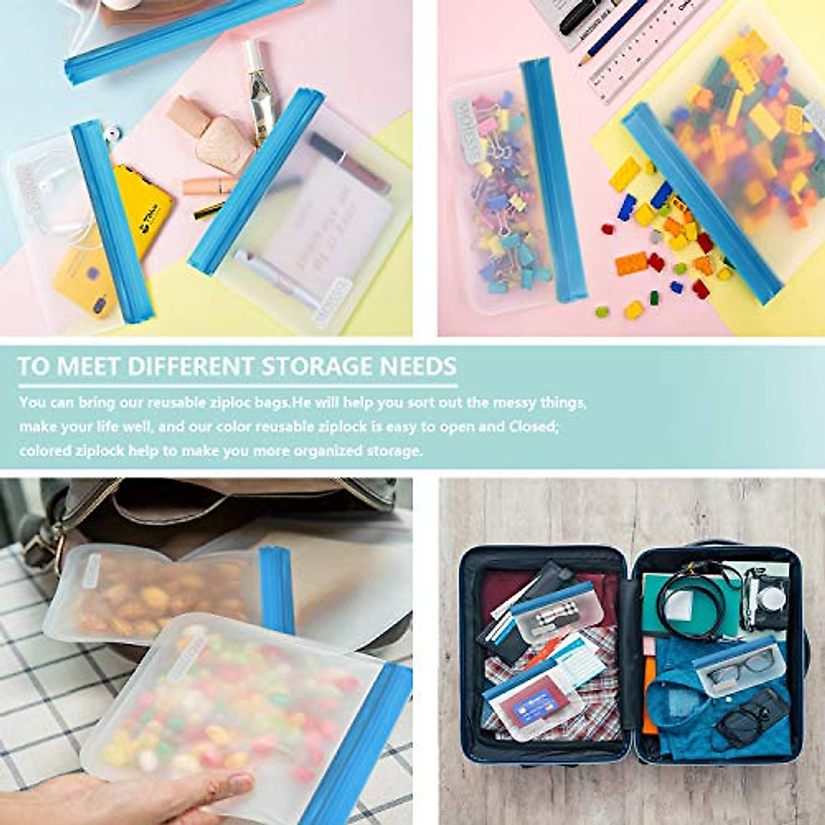 Silicone Reusable Food Bag,10 pcs (5 Leak Proof Reusable Sandwich Bags BPA FREE + 5 Crack-Proof Reusable Ziplock Snack Bag) for Sandwich, Snack, Fruit, Travel Camping Hiking items