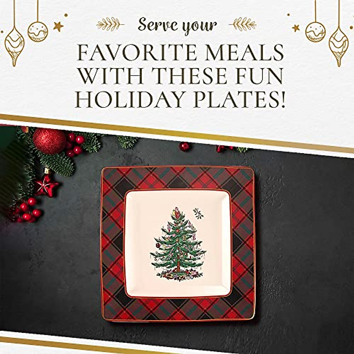 Spode Christmas Tree Tartan Square Platter | Serving Platter for the Holidays | Christmas Serving Dishes for Entertaining - Fine Bone China | Serving Platters for Serving Food - 10 Inches