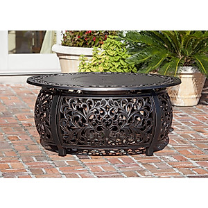 Fire Sense 62198 Toulon Filigree Aluminum Convertible Gas Fire Pit Table 55,000 BTU Outdoor Multi-Functional with Fire Bowl Lid, Nylon Weather Cover & Clear Fire Glass - Bronze Finish - Oval - 48"