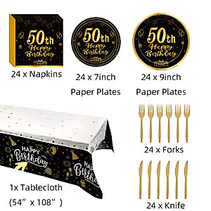 50th Birthday Theme Party Supplies,Disposable Party Tableware Sets - 50 Years Paper Plates,Napkins,Plastic Forks Knives,Tablecloths,50th Birthday Decorations for Men Women,24 Guests