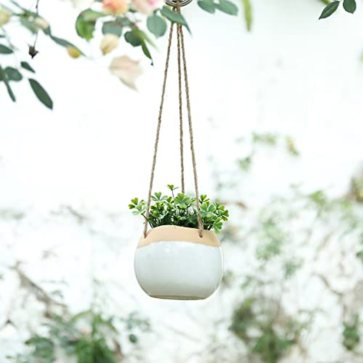 Chonsun Hanging Ceramic Planter 4 Inch Plant Pot Indoor Outdoor Planter Flower Pot Succulent Plant Pot Ceramic Mid-Century Planter Brown and White