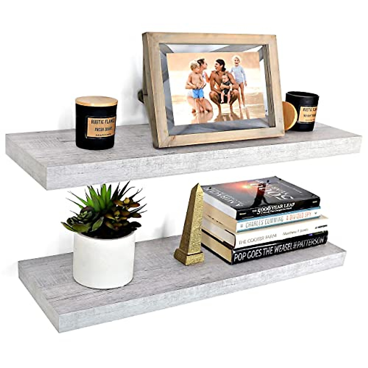 Under.Stated Floating Wall Shelves, 24” Hanging Shelf Set for Living Room, Office, Kitchen, Bathroom &, Perfect Home Room Wall Decor, Rustic Pattern Designed – (Rustic Whitewash Grey 24")