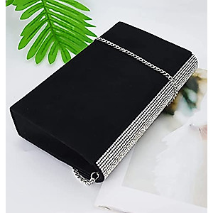 JUBOO PARADISE Black Evening Purses for Women Wedding Prom Party, Silver Rhinestone Faux Suede Crossbody Shoulder Formal Bride Envelop Evening Clutch Bag Handbag