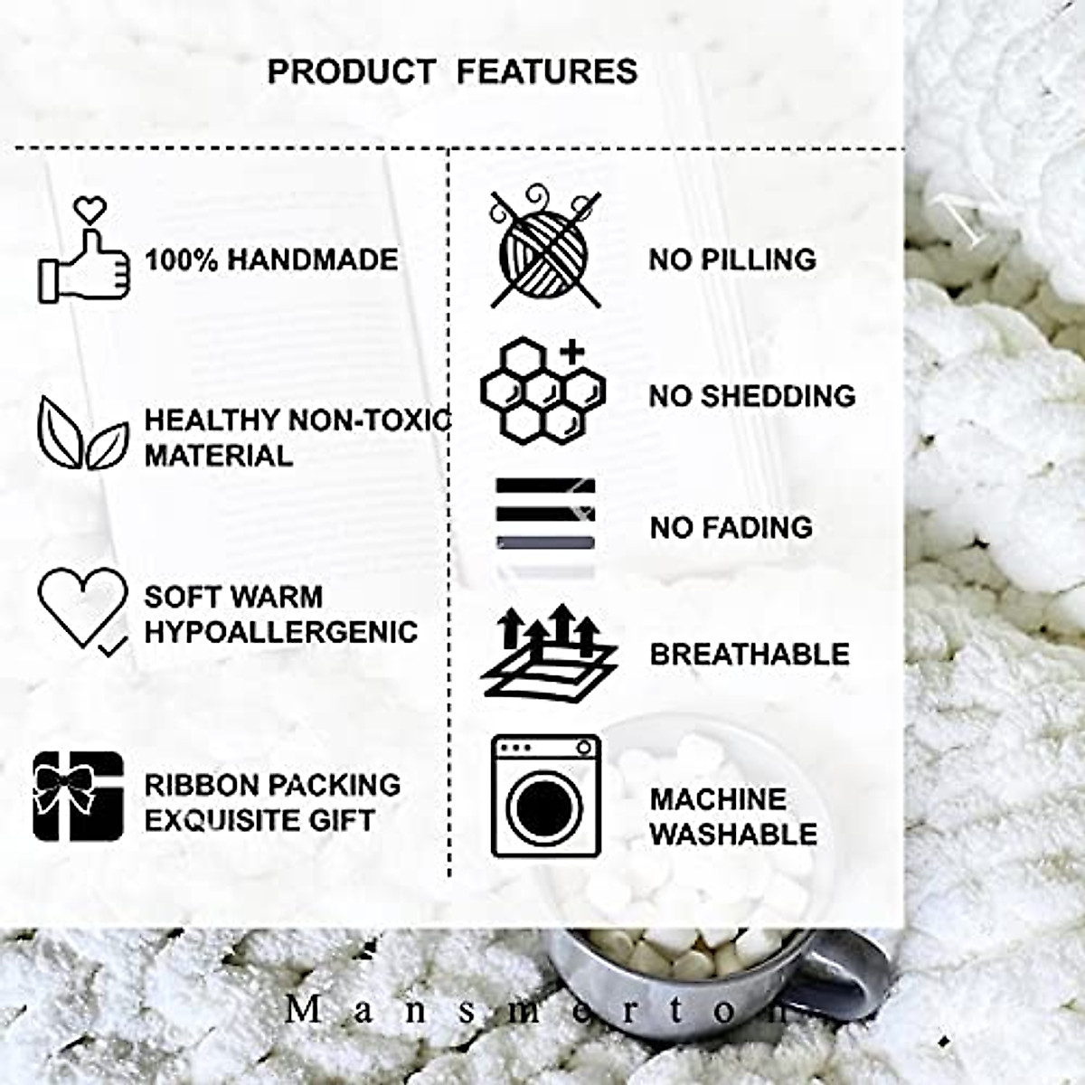 Mansmerton Chunky Knit Blanket Throw-50 x60，White- Soft Chenille Yarn Knit Blanket for Bed，Sofa -Machine Washable，Handmade-Large Cable Knit Weighted Blanket -Home，Bedroom Decor Gift for Mom&Her