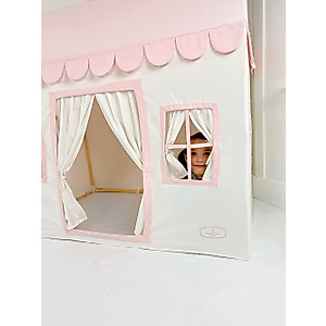 Kids Pink and White Playhouse | Indoor Play Tent | Cotton Canvas | Premium Quality (57" Wide x 36" deep x 57" Tall) (Pink) | by Domestic Objects