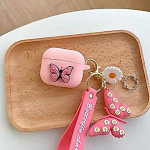 Slinbee Compatible with Airpods 3rd Gen 2021 Case Cover, Cute 3D Butterfly Fashion Cartoon Liquid Silicone Kids Teens Cases with Fun Cool Keychain for Apple Airpods 3rd Generation Charging Case (pink)