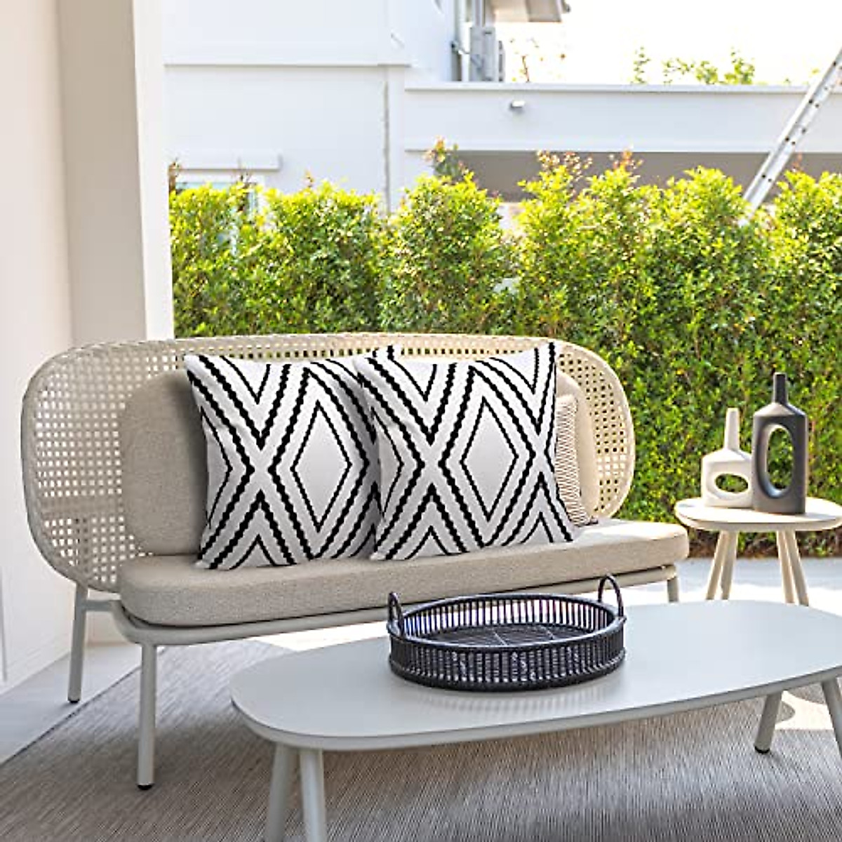 Hckot Outdoor Waterproof Boho Throw Pillow Covers for Patio Furniture Set of 2 Geometric Decorative Pillow Cases for Couch Garden Tent Balcony 18 X 18 Inch(White)