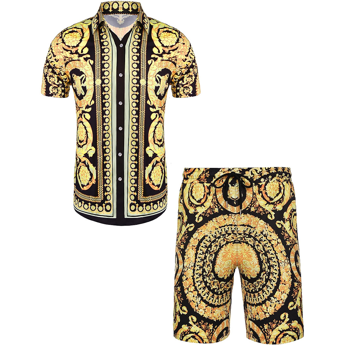 Men Outfits 2 Piece Outfits Track Suits Set Aloha Two Piece Outfit Casual Button Down Shirts Short Sleeve Bape Shirts Floral Button Down Shirt Camisas De Moda para Hombre Gold