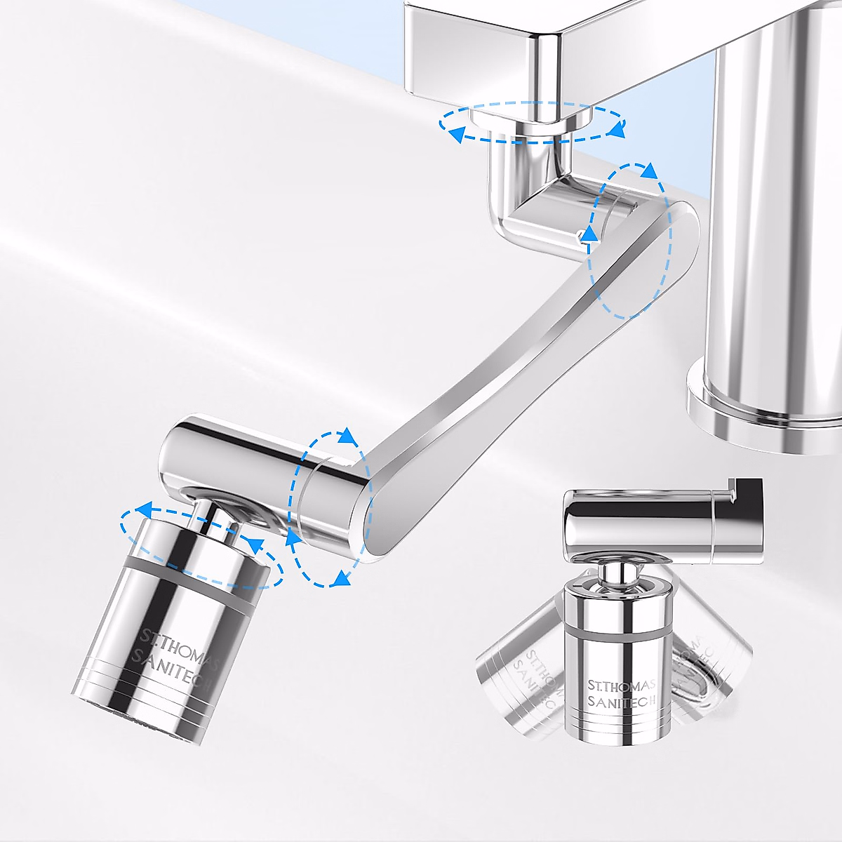 ST.THOMAS 1440°Swivel Faucet Extender,360° Swivel Robotic Arm Faucet Aerator,2 Sprayer Mode Kitchen Faucet Attachment Tap Head Replacement For Bathroom/Kitchen/Face/Kids Use