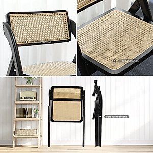 Bekrvio Folding Chair Solid Wood Rattan Chairs Set of 2, Mid-Century Modern Rattan Dining Chairs with Cane Back Handmade for Living Room Bedroom, Garden Balcony, Office, No Assembly Required (Black)