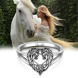 LOVGIFSET Horse Ring Celtic Horse Rings for Women Celtic Knot Heart Sterling Silver Western Mustang Equestrian Jewelry Horses Lover Gifts Size 7