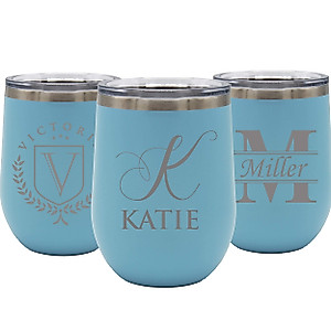 My Personal Memories Custom Engraved Insulated Stemless Wine Tumbler Cup - Customized Bridesmaid Beach Pool Girls Fun - Monogrammed (Carolina Blue)