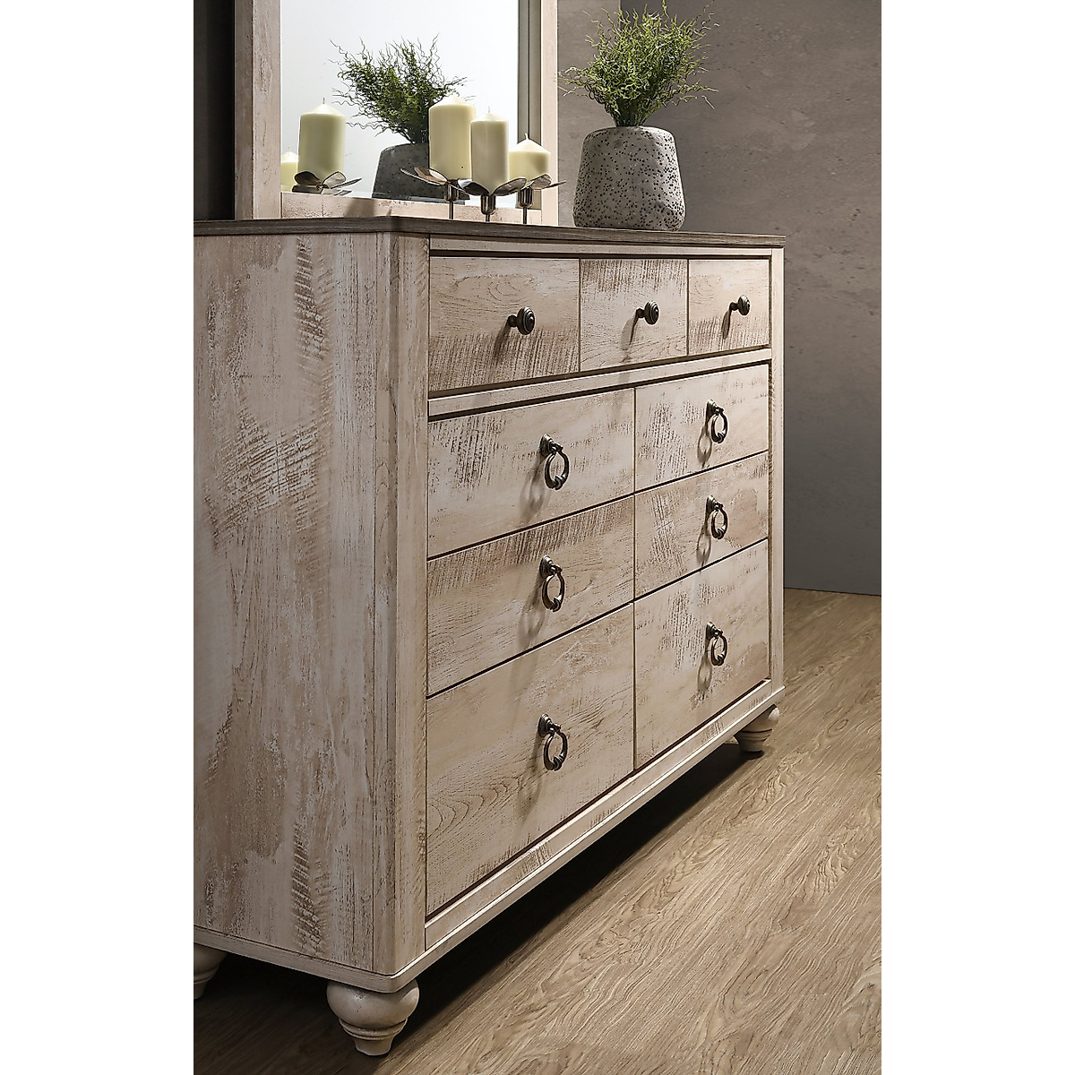 Roundhill Furniture Imerland Bed White-wash Finished 6-Piece Sleigh Headboard Bedroom Set, King