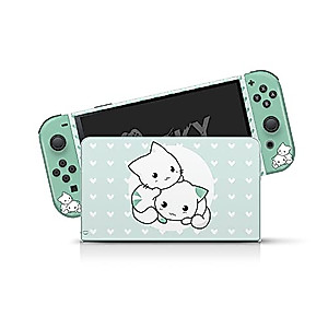 Tacky Design Cute Cats Skin Compatible with Nintendo Switch OLED Skin - Vinyl 3M Green Kawaii Nintendo Switch OLED Stickers Set - Switch OLED Skin for Console, Dock, Joy Con Wrap - Decal Full Wrap