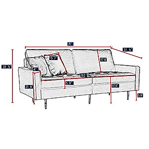 Rhomtree Mid Century Sofa Velvet Fabric Upholster Couch 71” Modern Sectional Futon Bench Loveseat Living Room Sofa with 2 Throw Pillows (Green)