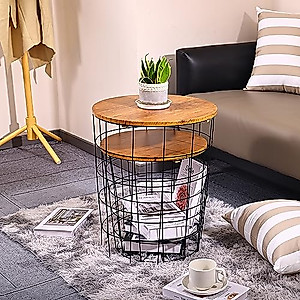 Elevon Wire Basket Base with Wood Tops Side Table Set of 2, Brown