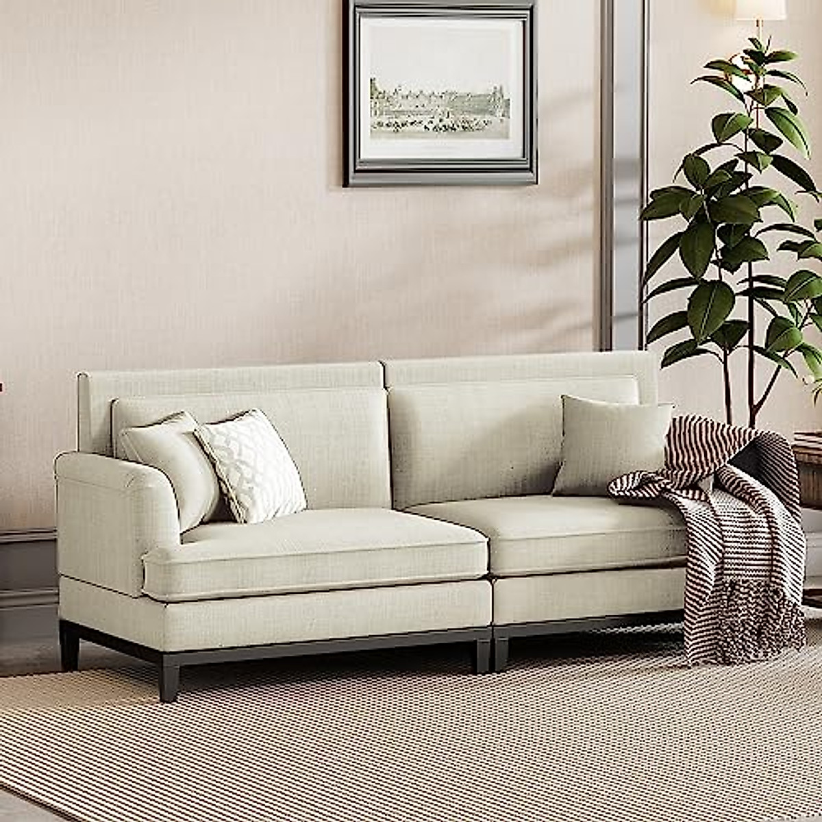 P PURLOVE Modern Loveseat Sofa with Sturdy Wood Legs, Upholstered Country Style Sofa with 2 Throw Pillows, Love Seats Furniture for Small Spaces, Couch for Living Room, Office, Bedroom, Beige