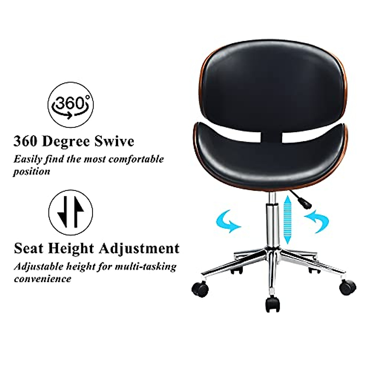 C-CHAIN Adjustable Modern Mid-Century Office Chair with Curved Seat/Back, Swivel Executive Chair, Rolling Computer Chair, Bent Wooden Accent Office Chair for Home and Office