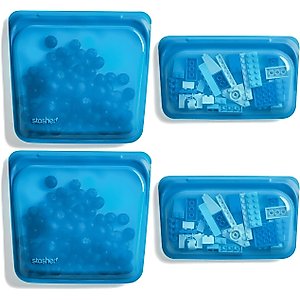 Stasher Silicone Reusable Storage Bag, 4-Pack Lunch/Travel (Blueberry) | Food Meal Prep Storage Container | Lunch, Travel, Makeup, Gym Bag | Freezer, Oven, Microwave, Dishwasher Safe, Leakproof