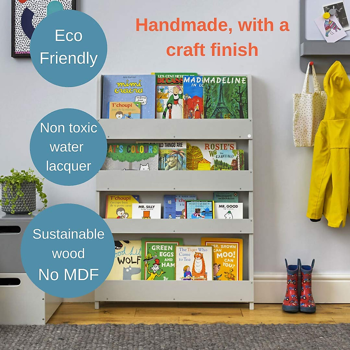 Tidy Books® Children’s Bookshelf 43.3” x 30.3” x 2.8” - The Original Handmade Classic Book Storage Solution for Kids Age 0-10 - 4 Shelves - Gray