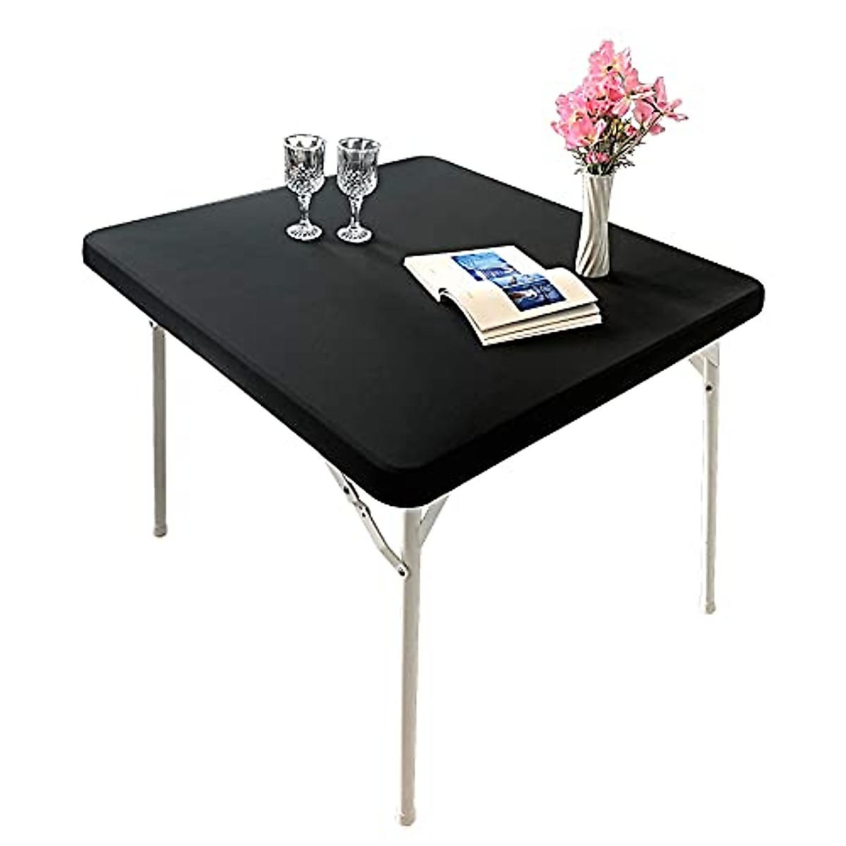 Monibana Cocktail Fitted Spandex Stretch Square Table Covers Caps Elastic Square Tablecloth Black Table Topper 34x34 Inch