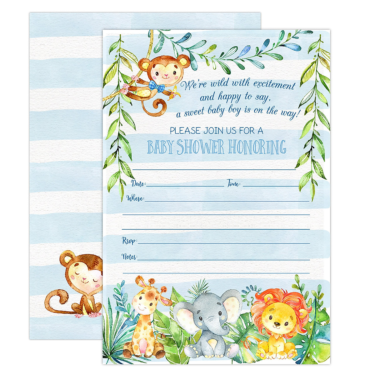 Boy Jungle Safari Baby Shower Invitations - Safari Animal Invitation - 20 Fill-In Invitations - Blue Boy Baby Shower Party - Monkey, Lion, Elephant, Giraffe - Envelopes Not Included