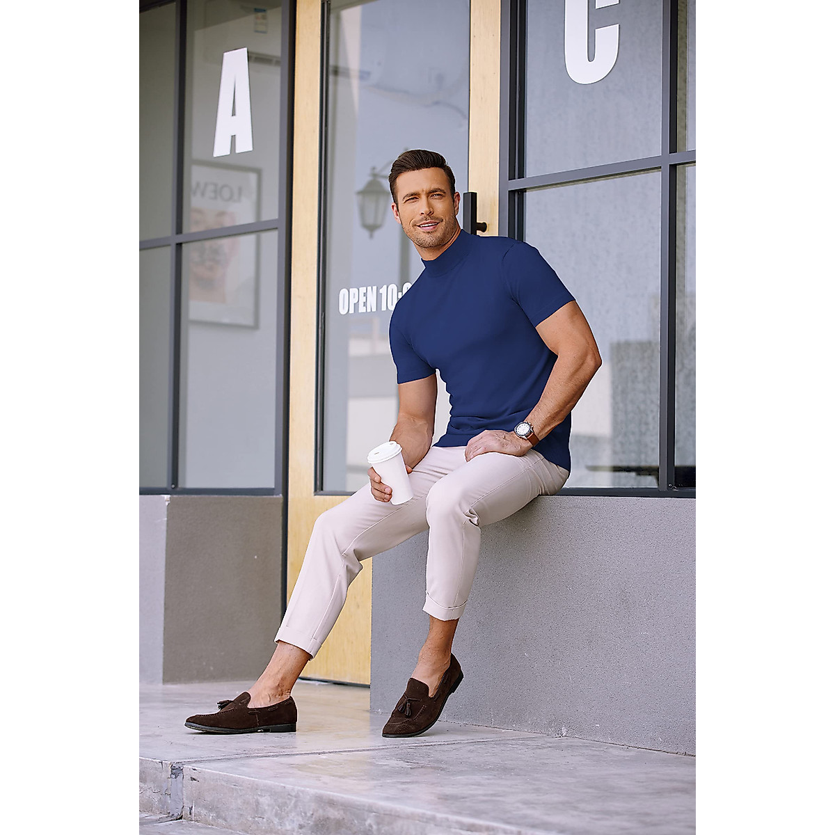 COOFANDY Mens Mock Turtleneck Short Sleeve Knit Sweater Business Casual Mock Neck Pullover Sweater Basic Tops Navy Blue