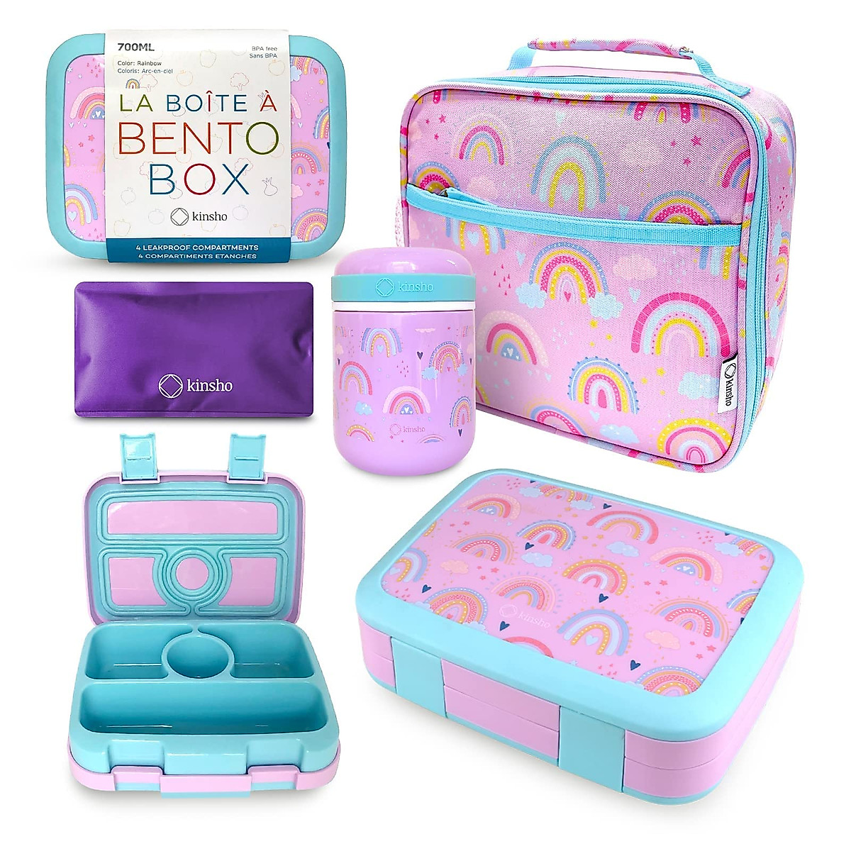 Bento Lunch Box with Thermos for Kids Set, Insulated Lunch Bag with Ice Pack, Stainless Steel Food Jar for Hot Soup, Boxes with 4 Compartments, Purple Rainbow