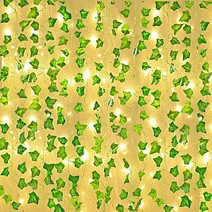 Naidiler 12 Pcs Artificial Ivy Garland Fake Vines with 65 Ft Lights String (200 LED) Decor Faux Green Hanging Plant Greenery for Wall Party Wedding Room Home Kitchen Indoor & Outdoor Decoration