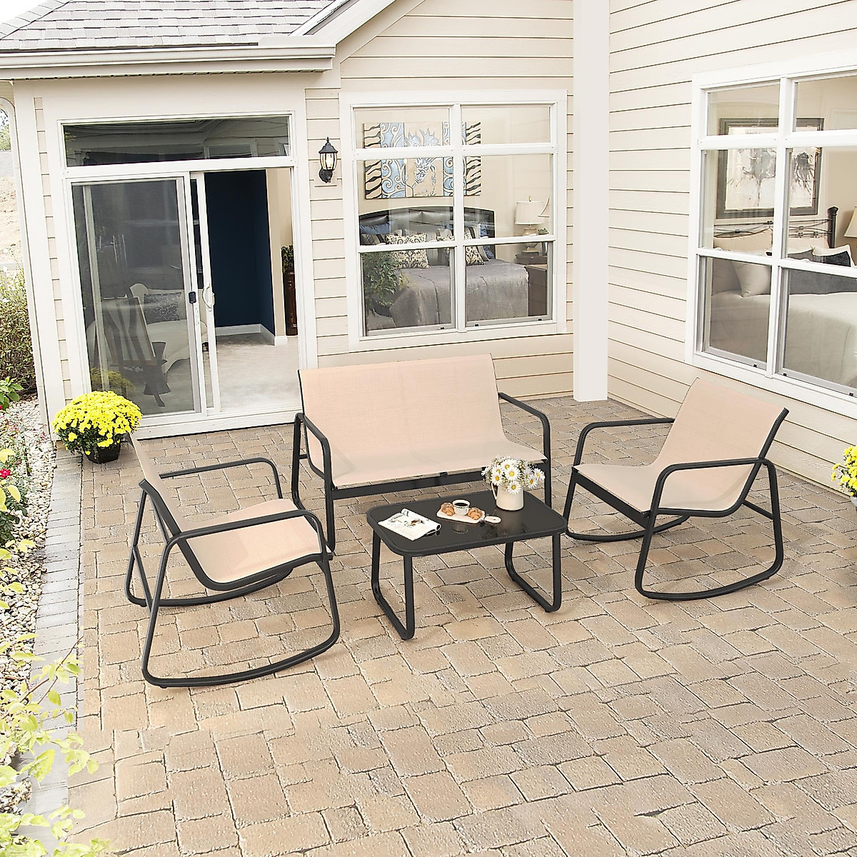 YITAHOME 4 Piece Patio Furniture Set, Small Backyard Bistro Rocking Chairs, Loveseat and Glass Table, Textilene Outdoor Conversation Set for Lawn, Garden, Balcony, Poolside (Brown)