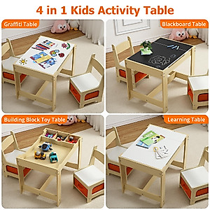 Bophy Kids Table and Chair Set, 3 in 1 Children Activity Table w/Storage, Removable Tabletop, Blackboard, 3-Piece Toddler Furniture Set for Art, Crafts, Drawing, Reading, Playroom (Natural)