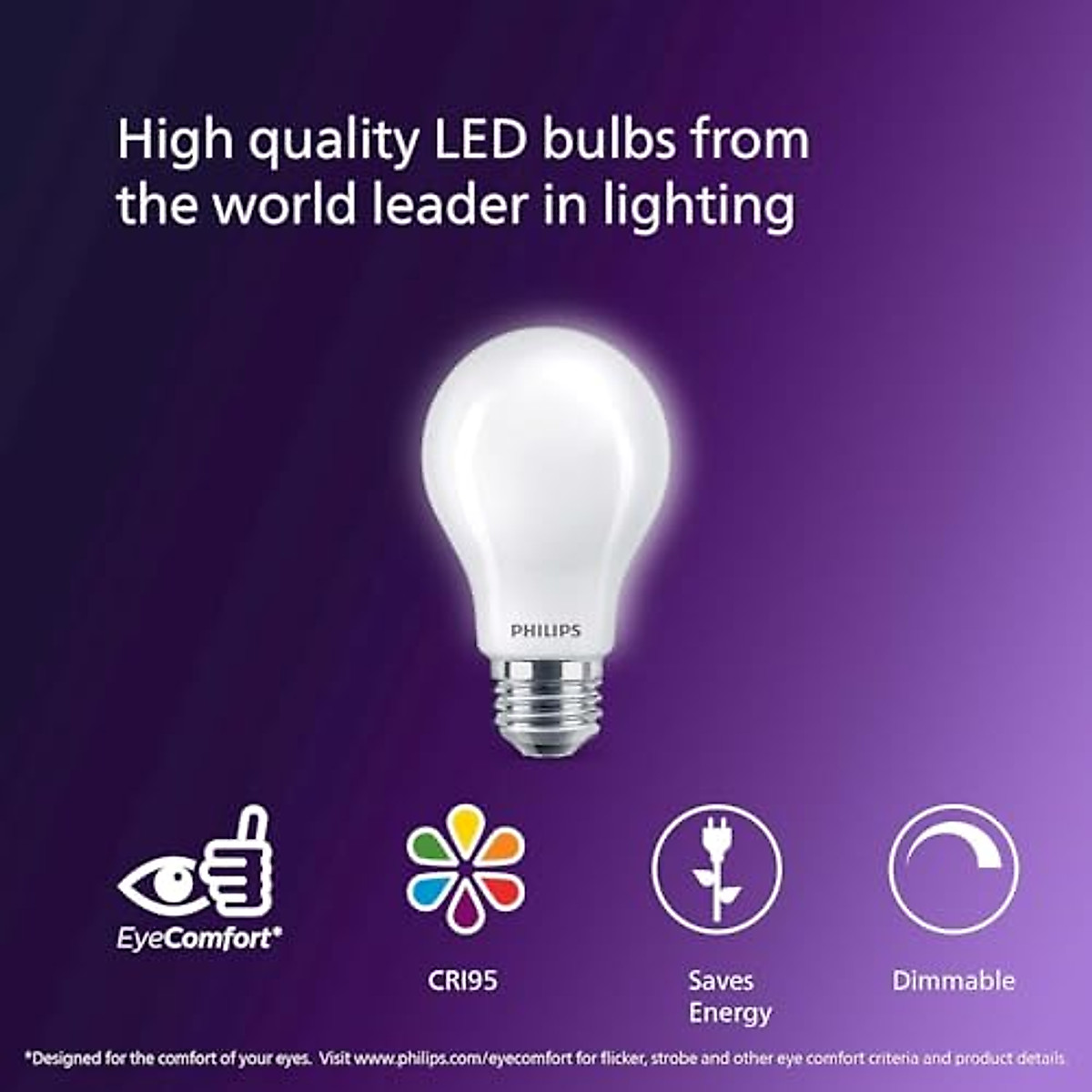 PHILIPS LED Frosted Flicker-Free Dimmable A19 Ultra Definition Light Bulb, EyeComfort Technology, 800 Lumen, Daylight (5000K), 8W=60W, E26 Base, Title 20 Certified