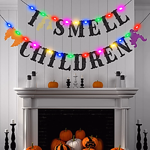 I Smell Children Halloween Banner with Colorful Led Lights Black Glitter Halloween Party Decorations, Hocus Pocus Decorations, I Smell Children Decorations, Halloween Decorations for Home Fireplace